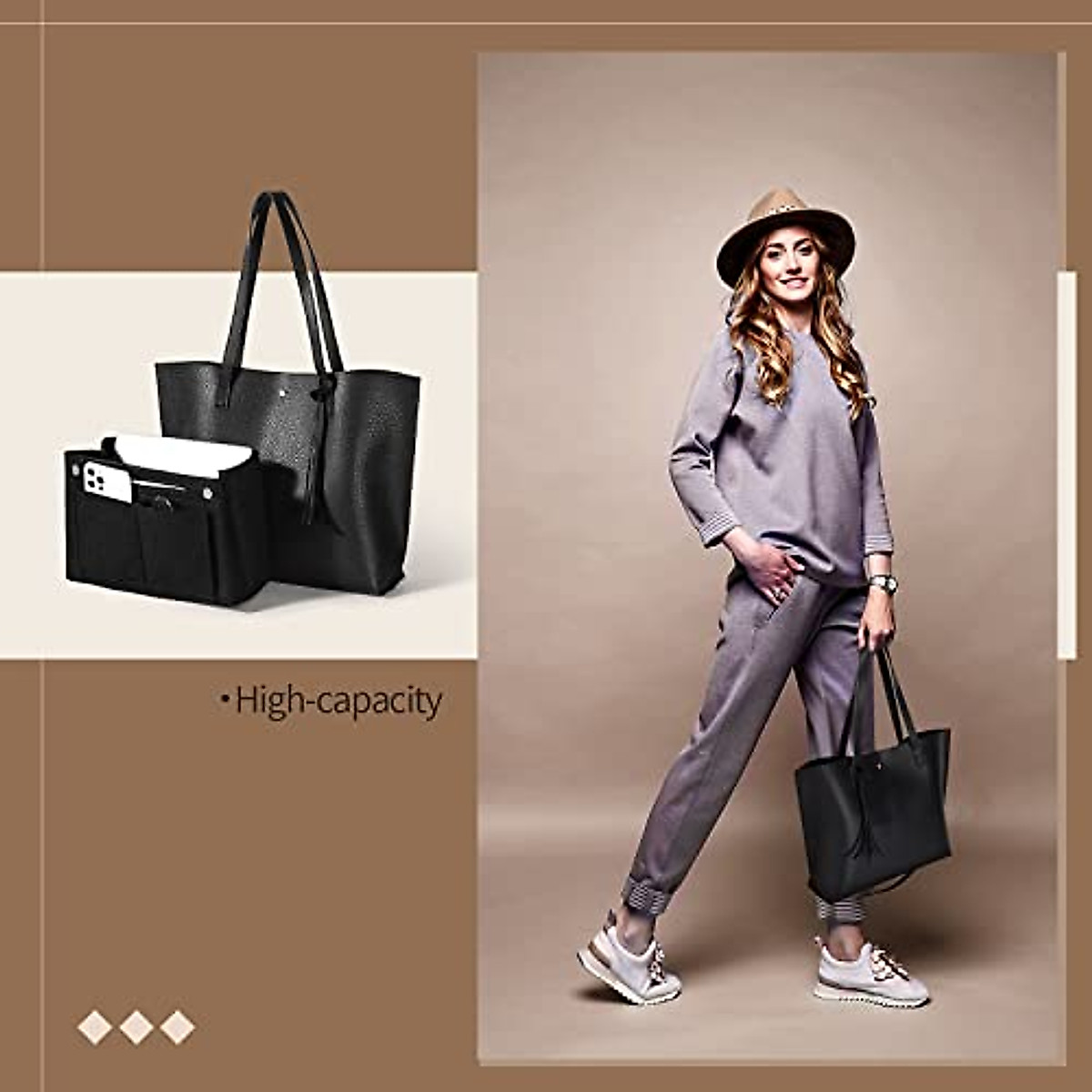 Black Work Tote Handbags for Women Tote Purse with Purse Organizer PU Leather Tote Bag Large Women's Tote Bags and Bag Organizer Insert with Zipper Pouch Lining, Layered Storage for Easy Organization