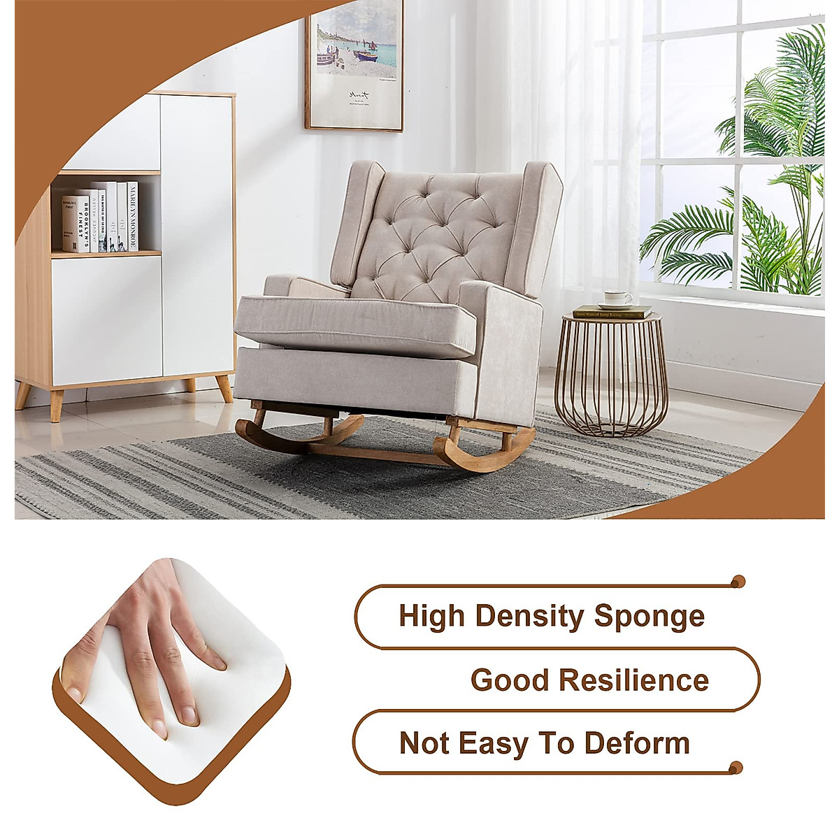 KINFFICT Upholstered Accent Rocking Chair, Mid Century Glider Rocker for Baby Nursery, Modern Wingback Armchair for Living Room, Bedroom, 300 LBS Weight Capacity, Beige