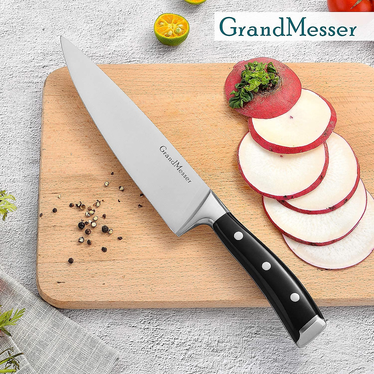 GrandMesser Chef Knife, 8 Inch Professional Kitchen Knife, High Carbon Steel Ultra Sharp Chef's Knife, with Ergonomic ABS Handle Triple-riveted and Gift Box.