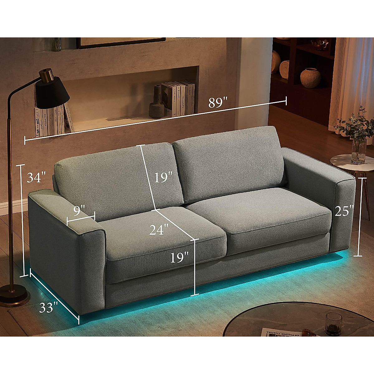 VanAcc Modern Sofa, 89 inch 3 Seater Sofa with LED Light, Floating Sofa Couch for Living Room, Linen Grey Oversized Couch