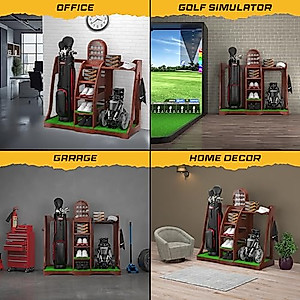 Apex Sports Golf Bag Organizer - Handcrafted Wood Design, Bag Stand, Ball Display, Storage Shelves, Garage Rack (Cherry)