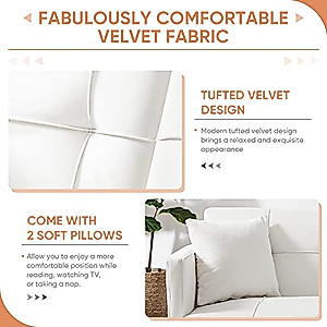 Antetek Convertible Futon Sofa Bed, 69-inch Modern Tufted Velvet Sleeper Sofa Couch Oversized Loveseat Sofa w/3 Adjustable Positions, 6 Metal Legs and Cup Holder for Living Room Bedroom Office, White