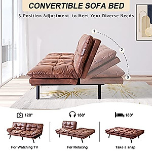 Opoiar Futon Sofa Bed Couch Sleeper Sofa Convertible Small Love Seat Memory Foam Brown Faux Leather Sofa for Living Room Apartment Office, Easy to Assemble, Great Addition
