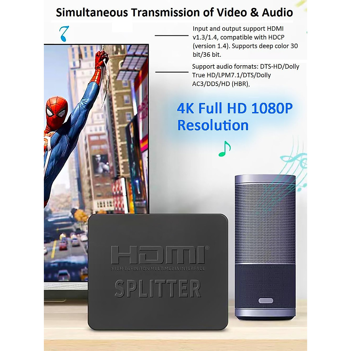 HDMI Splitter 1 in 2 Out, 4K HD Hdmi Screen Splitter Switcher 1 Female to 2 Female 1080P Audio Video Output, for TV, Monitors, Projector, Laptop, Computer, with HDMI/USB Cable [ Not Extend]