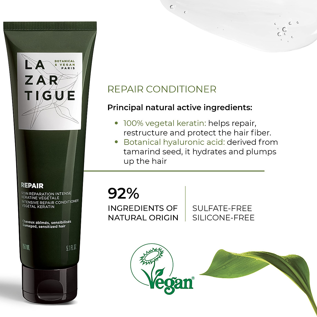 Lazartigue Repair Conditioner, Enriched with Vegetal Keratin, Helps Repair Damage Deep Down Right to Ends, Smoothes the Surface of Hair Leaves it Untangled, Stronger, Soft and Silky 5.1 Fl Oz
