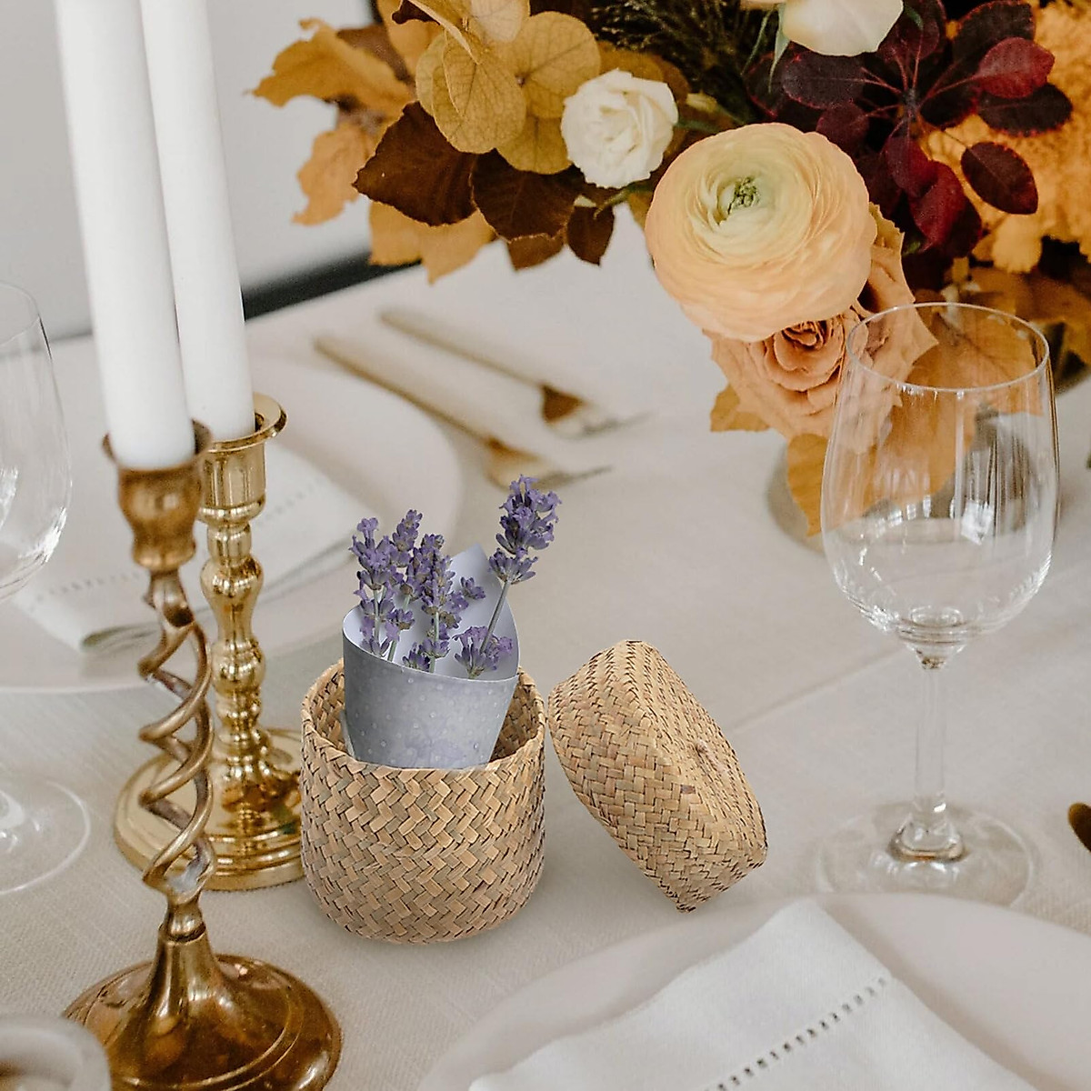 Zerodeko Seagrass Basket with Lid Mini, Handmade Woven Flower Basket With Lid Wicker Shelf Basket Bin Woven Storage Box Small Storage Favor Box Woven Seagrass Basket