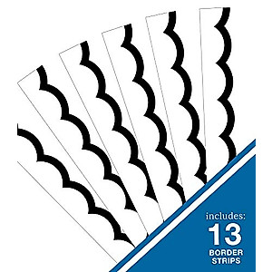 Schoolgirl Style Simply Stylish Black and White Scalloped Border―13 Wavy Line Border Strips for Bulletin Boards, Desks, Lockers, Homeschool or Classroom Decor (39 ft)