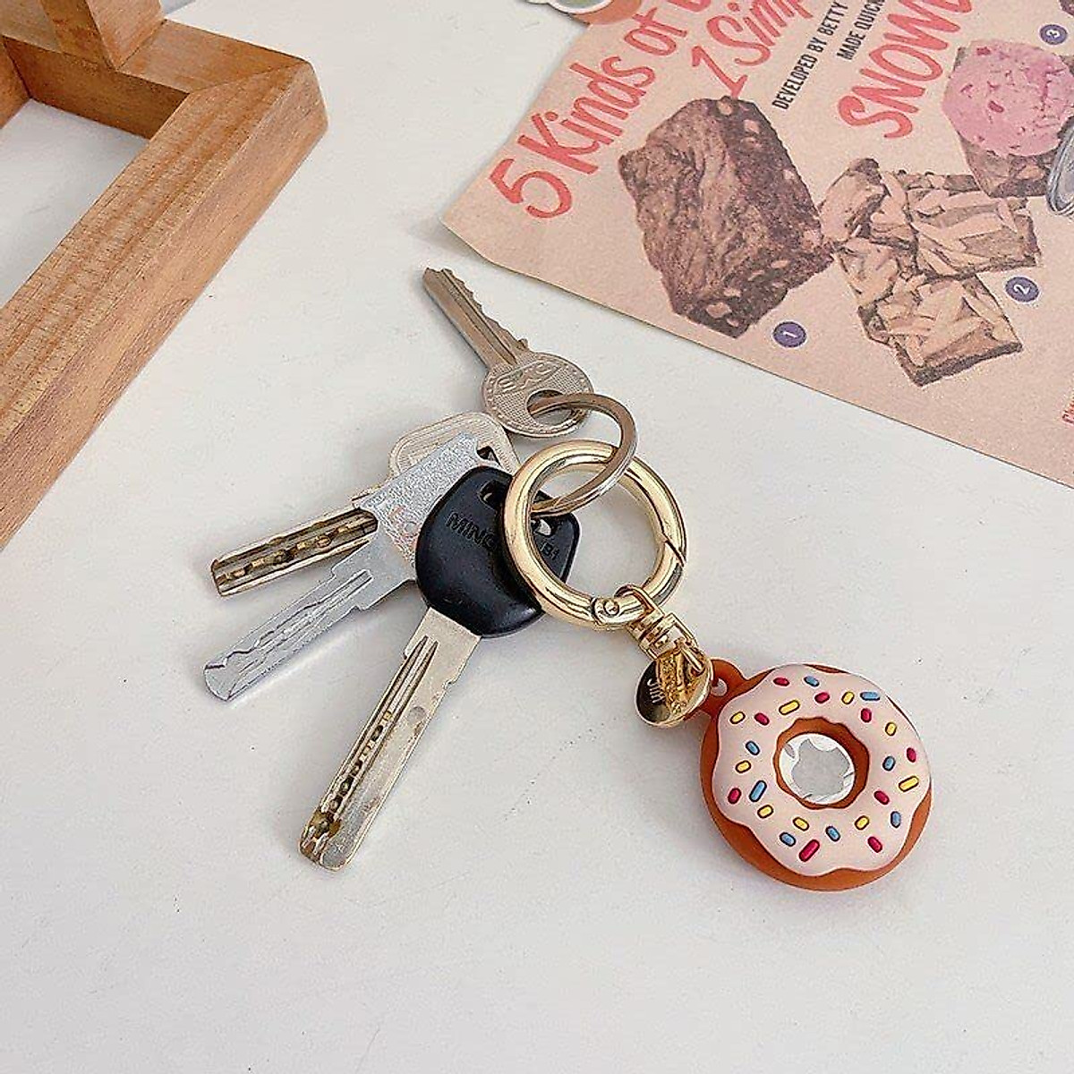 iiEASEST 2 Pack Airtag Case Keychain Doughnut Silicone Tracker Case Cover Cute 3D Donut Airtag Holder with Key Ring for Kids Grandma Dog Cat Pet Collar Beige + Pink