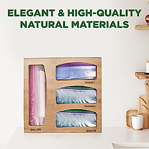 Bamboo Bag Organizer for Drawer and Wall , Sandwich Bag Organizer Bundled with Baggie Holder , 4 Slots Food Storage Bag Holder , Baggie Organizer Set , Natural Bag Storage Organizer with Black Labels