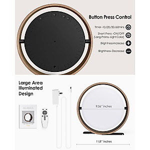 ALBINA Light Therapy Lamp, UV-Free 10,000 Lux Full Spectrum Happy Mood Lamp with RF Remote Control, Wooden Round Frame Sunlight Lamp for Home with Adjustable Color, Brightness, Timer, Memory