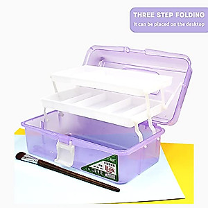 Zhousensen 13in Three-Layer Clear Art Storage Box Craft Organizer, Folding Tool Box with Handle, Art & Crafts Case/Sewing Supplies Organizer for Home School Office Travel (Purple)