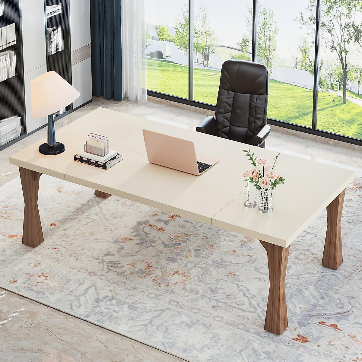 Tribesigns Executive Desk, 71" W x 35" D Large Office Desk, Modern Computer Desk Conference Table Meeting Room Table, Business Furniture for Home Office, Cream White and Walnut
