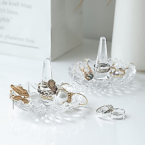 MyGift Clear Glass Ring Cone with Tray, Engagement Wedding Ring Holder with Round Starburst Design, Small Jewelry Ring Dish, Set of 2