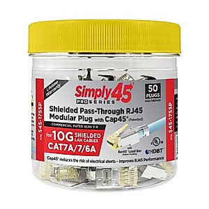 Simply45 ProSeries Pass-Through RJ45 Mod Plug - Shielded External Ground for 23AWG Solid, FPE Insulated 10G STP LAN Cables (Cat7a/7/6a) - Yellow, 50-Piece Jar - S45-1755P
