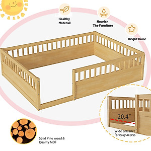 Natural Floor Bed, Full Size Montessori Bed with High Fence Railings, Wood Playhouse Bed with Rails for Baby Kids Boys Girls Teens, No Slats Included