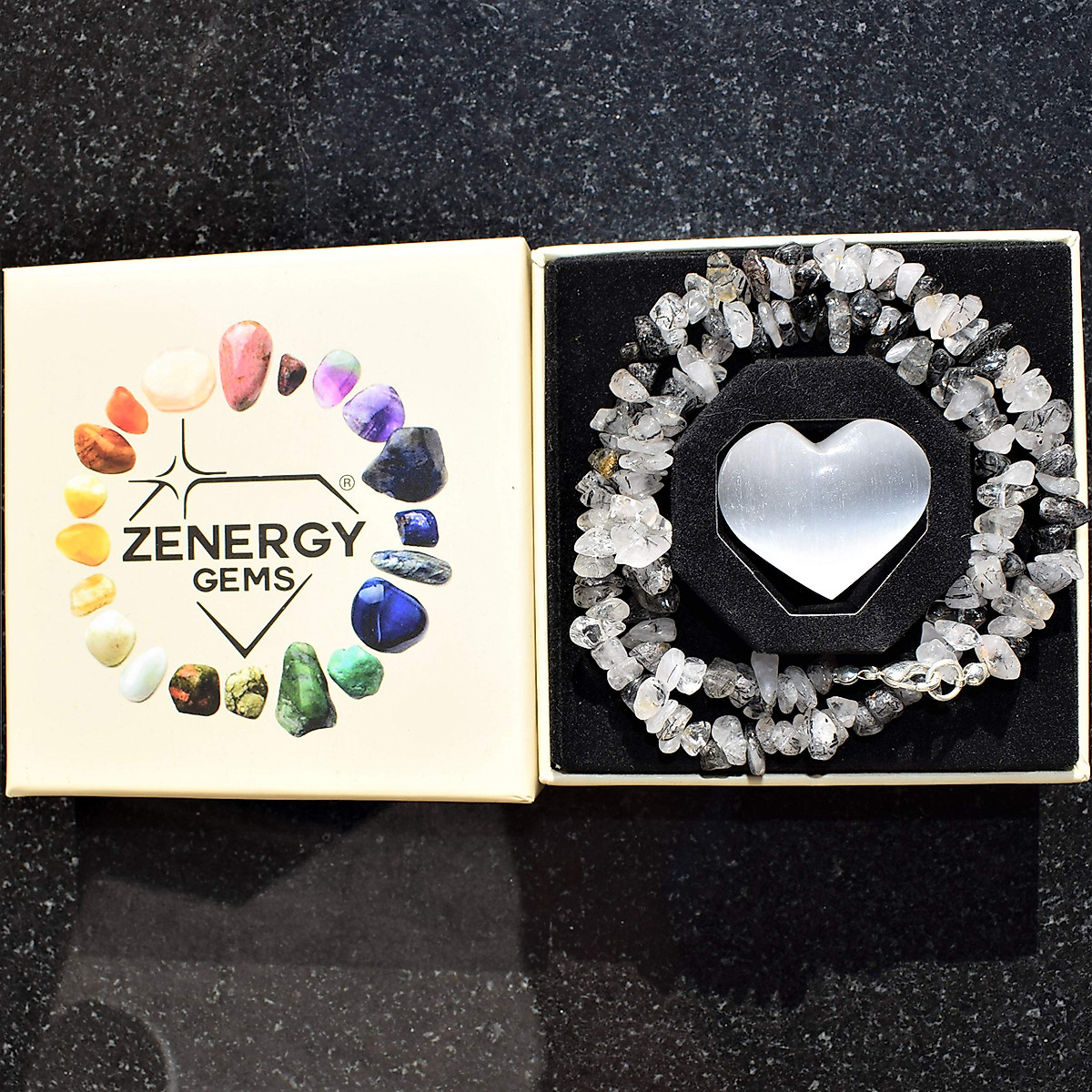 Zenergy Gems CHARGED 18" Natural Himalayan Black Tourmaline Quartz (Tourmalinated - Black Rutile) Crystal Necklace Tumble Polished + Selenite Charging Heart [Included]