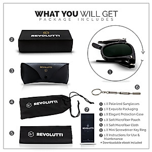 REVOLUTTI Polarized Sunglasses for Men and Women | Black UV400 Protection Factor Anti Glare, Anti Reflective and Shatterproof Lenses with Complete Maintenance Set