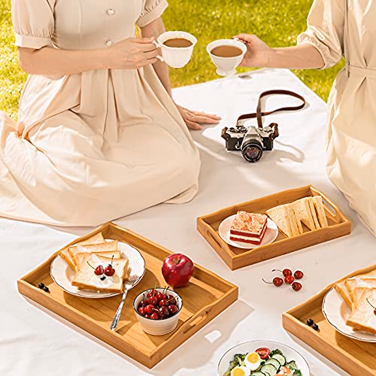 3 Pack Bamboo Serving Tray Food Tray with Handles, Multi-Use Platter Trays Set for Food, Coffee, Breakfast, Tea, Snack, Wooden Decor Tray Used in Kitchen, Dining Room, Party, Restaurants by Pipishell