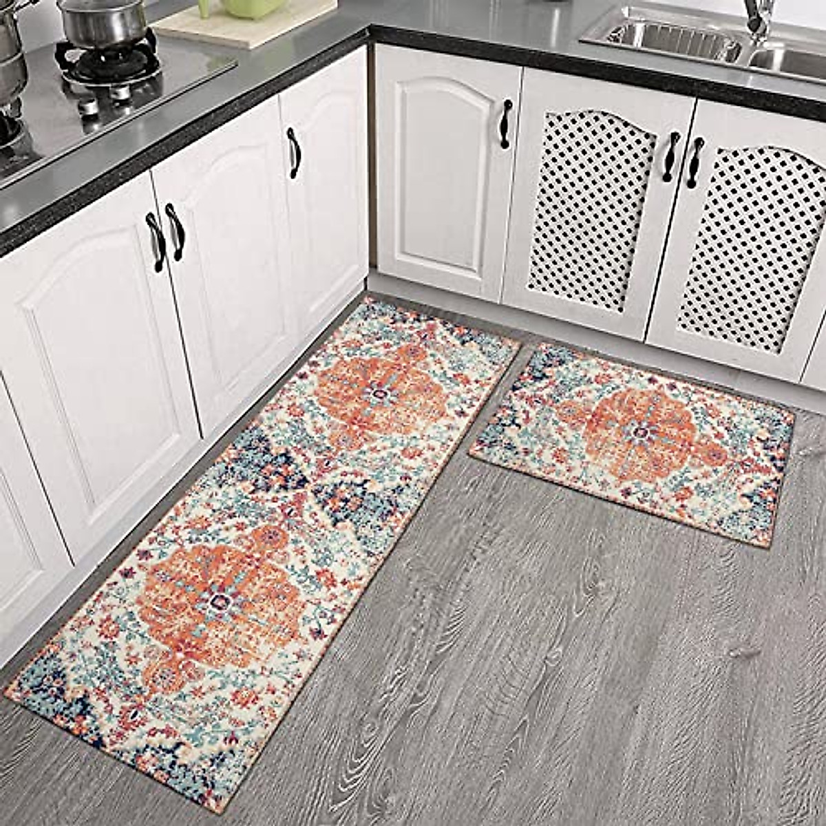 Boho Style Kitchen Rugs and mats Set of 2,Farmhouse Kitchen Mat for Sink,Non Slip Absorbent Stain Resistant Floor Mat for Kitchen Laundry Room Rug Area Runner Rug Orange
