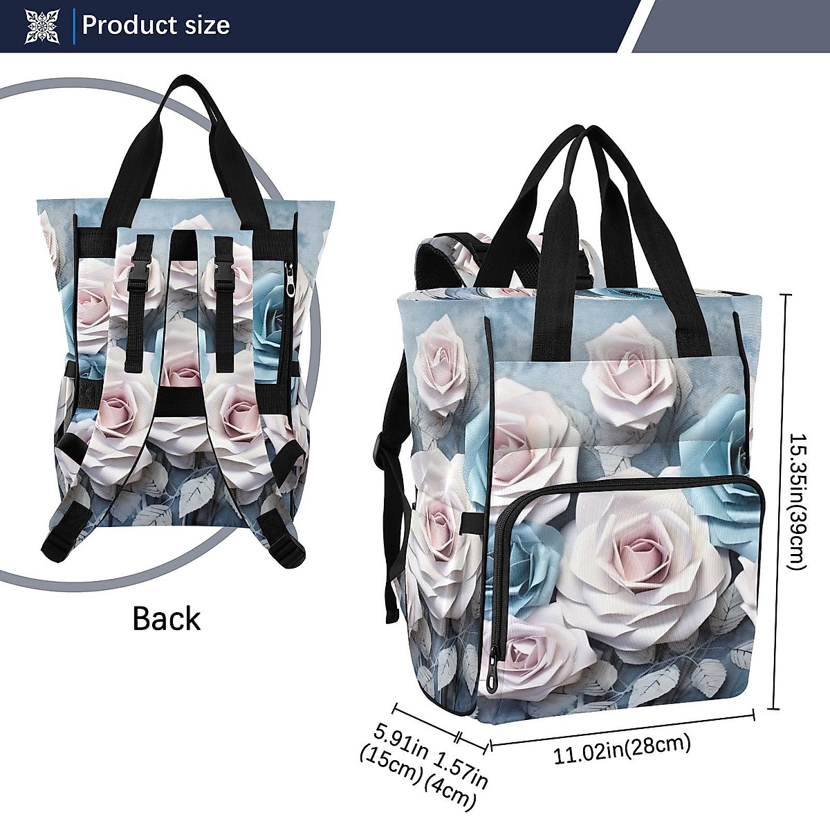 xigua Blue and White Roses Diaper Bag Backpack Multi Function Baby Changing Bags Waterproof Large Capacity Travel Back Pack for Mom Dad