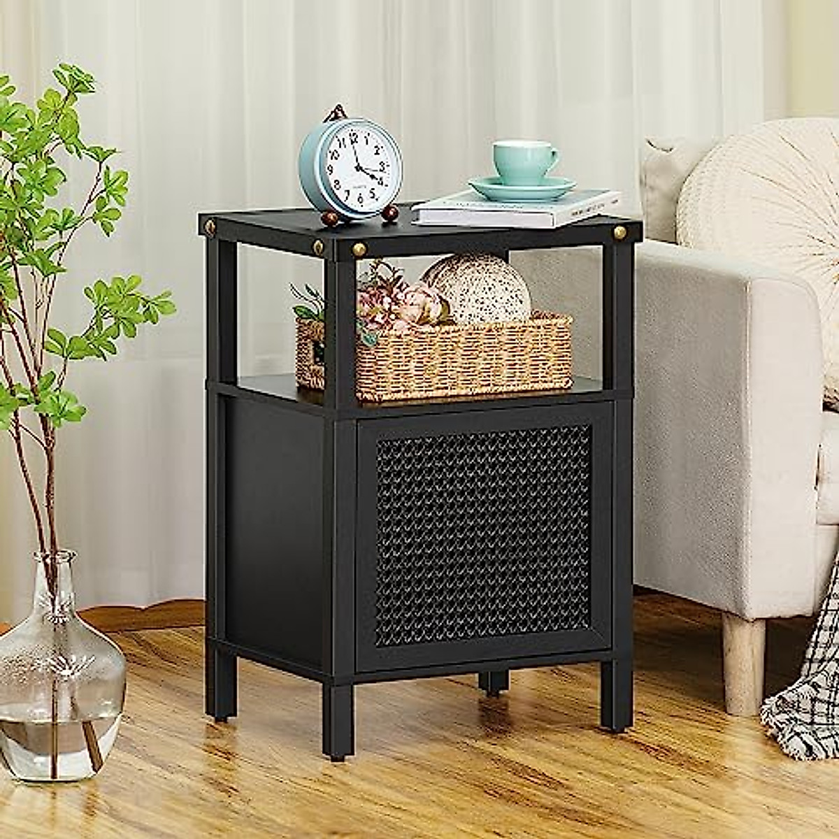 Lerliuo Rattan Nightstand, Side End Table with Handmade Natural Rattan Door and Open Shelf, Wood Accent Night Stand with Storage, Mid Century Modern Bedside Table for Bedroom, Living Room (Black)