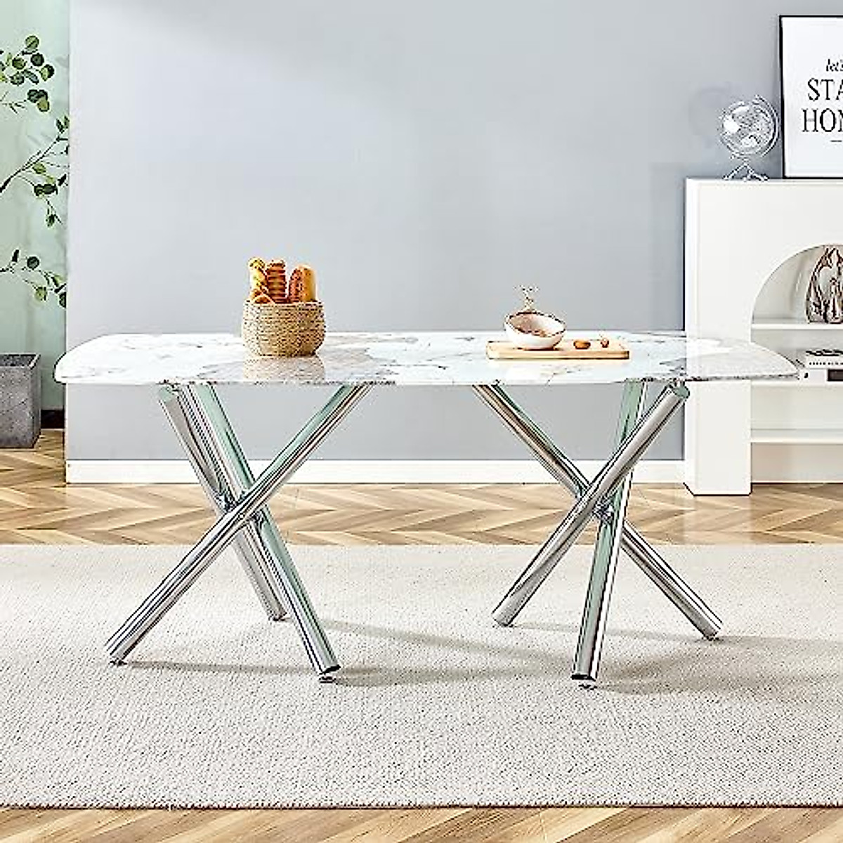 Modern Dining Table for 4 to 6 People with Imitation Marble White Desktop and Dual X-Shaped Silver Metal Legs, Modern Rectangular Kitchen Table for Kitchen Dining Room, 71" W x 39" D x 30" H