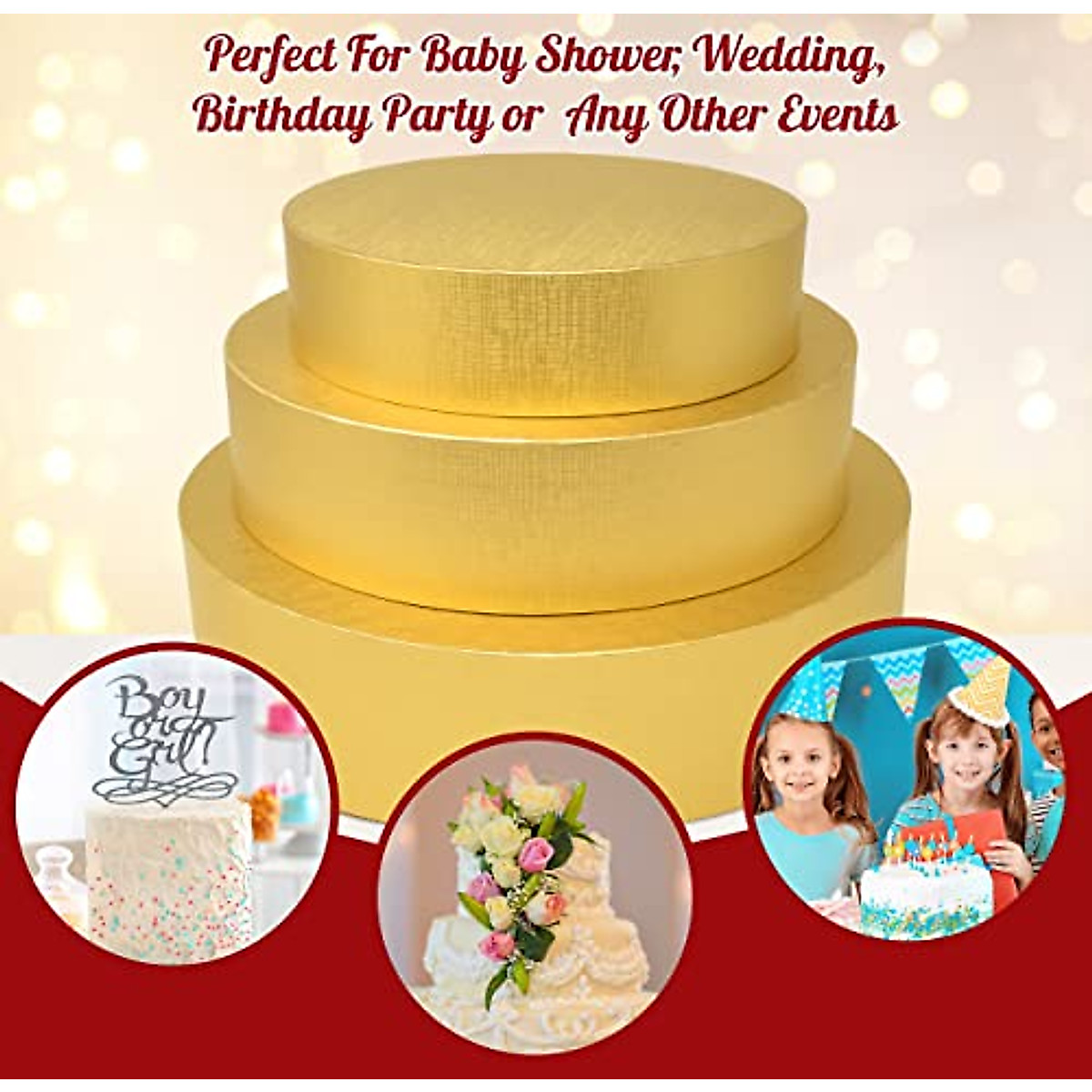 Set of 3 Gold Cake Stand Holder Round Cardboard Cakes Stands, 8" 10" 12" Dessert Display Cupcake Stands Pastry Base Plate Tray Decorative Centerpiece for Baby Shower Wedding Birthday Party Table Decor