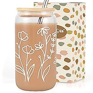 Coolife Floral Iced Coffee Cup - 16oz Can Shaped Drinking Glass Cup w/Bamboo Lid Straw - Aesthetic Cups, Glass Coffee Tumbler, Flower Glass Cups for Beer Smoothie - Birthday Aesthetic Gifts for Women