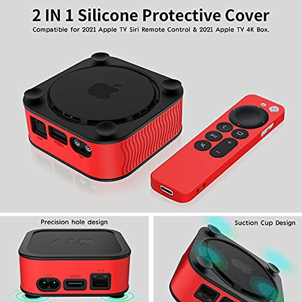 YIPINJIA Compatible for 2021 Apple TV 4K Siri Remote Cover,[2 in 1] with Silicone Protective TV Box Case for 2021 Apple TV 4K, Skin-Friendly/Anti-Slip/Shockproof (Red)