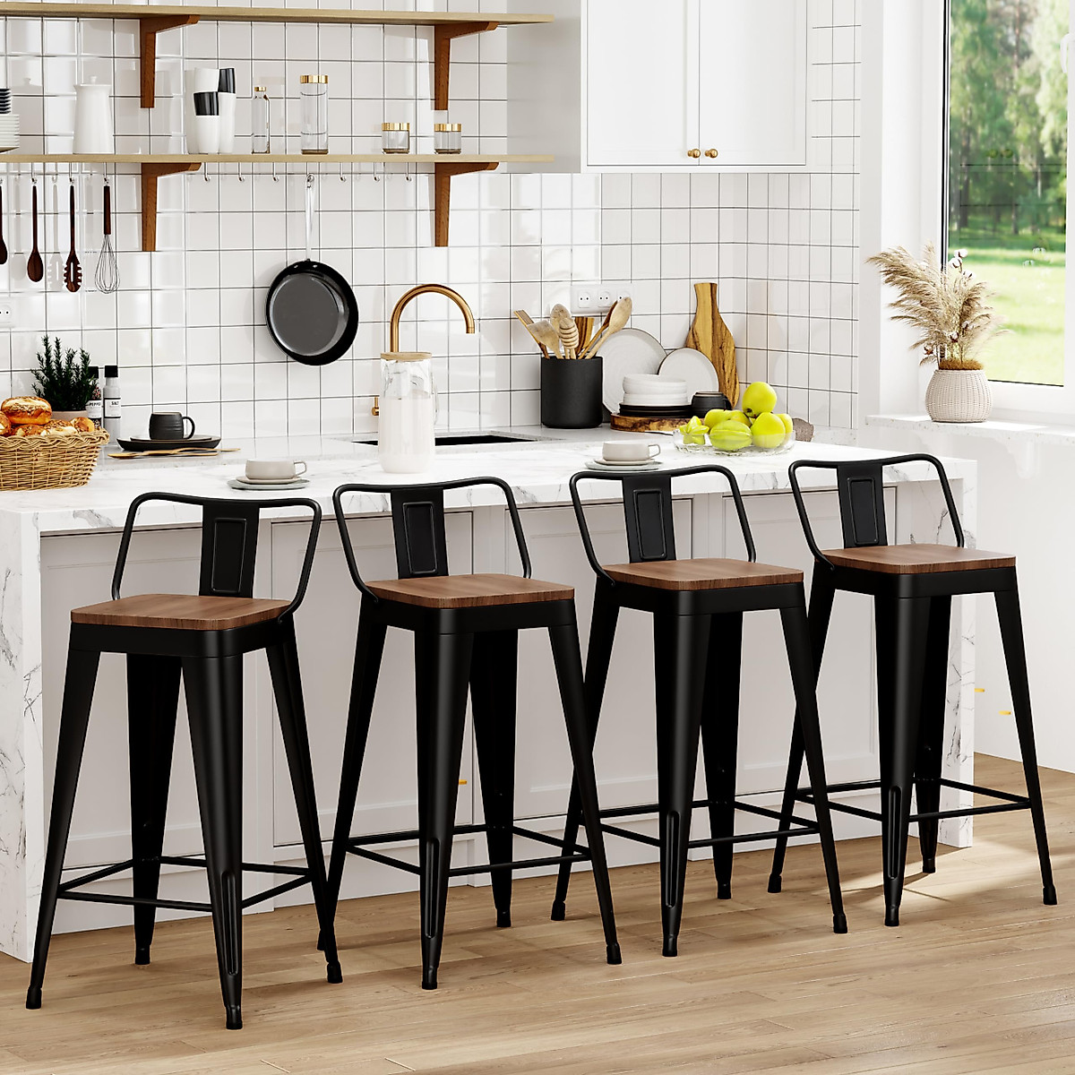 WENTMENT Metal Bar Stools Set of 4 Counter Height Bar Stools Barstools with Removable Back 26" Kitchen Bar Stools with Wooden Seat, Black