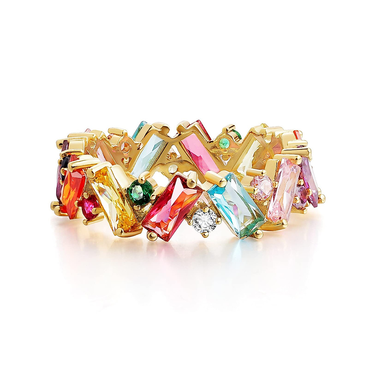 Kemstone Colorful Dainty Cubic Zirconia Rainbow Square Zircon Statement Ring for Women