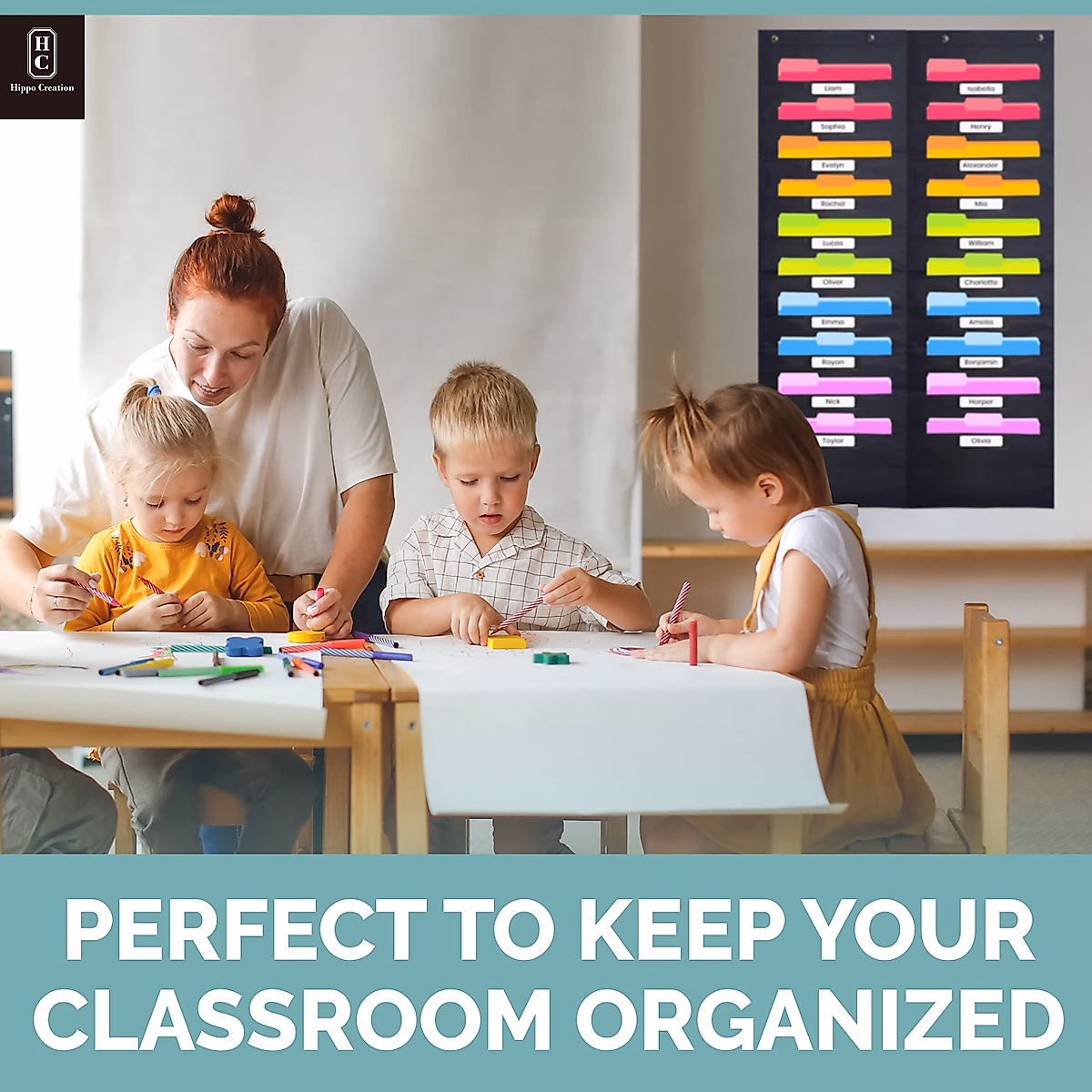 Hippo Creation Heavy Duty Storage Pocket Chart for Classroom, 20 Pocket Storage Organizer with 4 Over-Door Hangers, Hanging Wall Organizer for File Folders, School Mailbox, Home Office Papers - Black