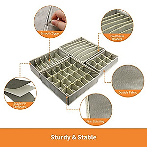 YUEARN Drawer Organizers for Clothing, Foldable Drawer Organizer Divider Closet Closet Organizers and Storage Boxes for Clothes, Underwear, Bras, Lingerie, Tie, Socks, Accessories (4 Pack, Gray)