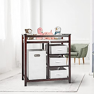 Obbao Changing Table, Baby Changing Table, Changing Table with Hamper, 3 Storage Baskets Drawers, Safety Strap and Removable Pad, Brown