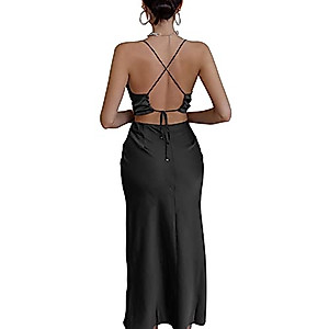LYANER Women's Satin Cowl Neck Straps Slip Sexy Cut Out Cocktail Midi Dress Black Small