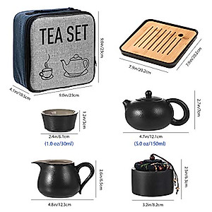 Mini Travel Kung Fu Tea Pot Cup Set with Tray - Portable Chinese Ceramic Porcelain Teapot Infuser Gift Bag All in One for Business Hotel Outdoor Picnic
