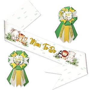 LXlucktim Safari Jungle Baby Shower Sash for Baby Shower, Mom to be Sash Jungle Animal Mom to Be & Daddy to Be Corsage Include Gold Glitter Letters Sash
