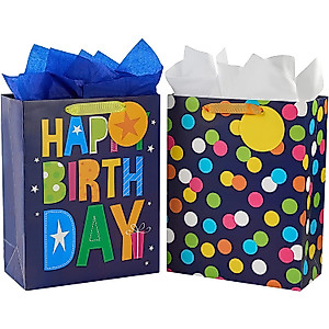 SUNCOLOR 2 Pack 13" Large Gift Bag with Tissue Paper for Him (Happy Birthday)