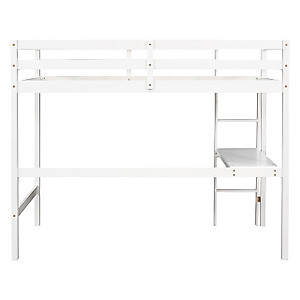 Myshle Twin Loft Bed with Built-in Desk and Ladder, Wooden Bedfame for Kids Teens Bedroom, Space Saving,No Box Spring Need,White