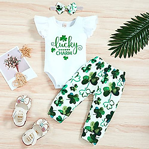 Baby girl 1st St. Patricks Day Outfits Lucky Charm Romper+Clover Pants+Headband 3Pcs Outfits Set (White, 3-6 Months)