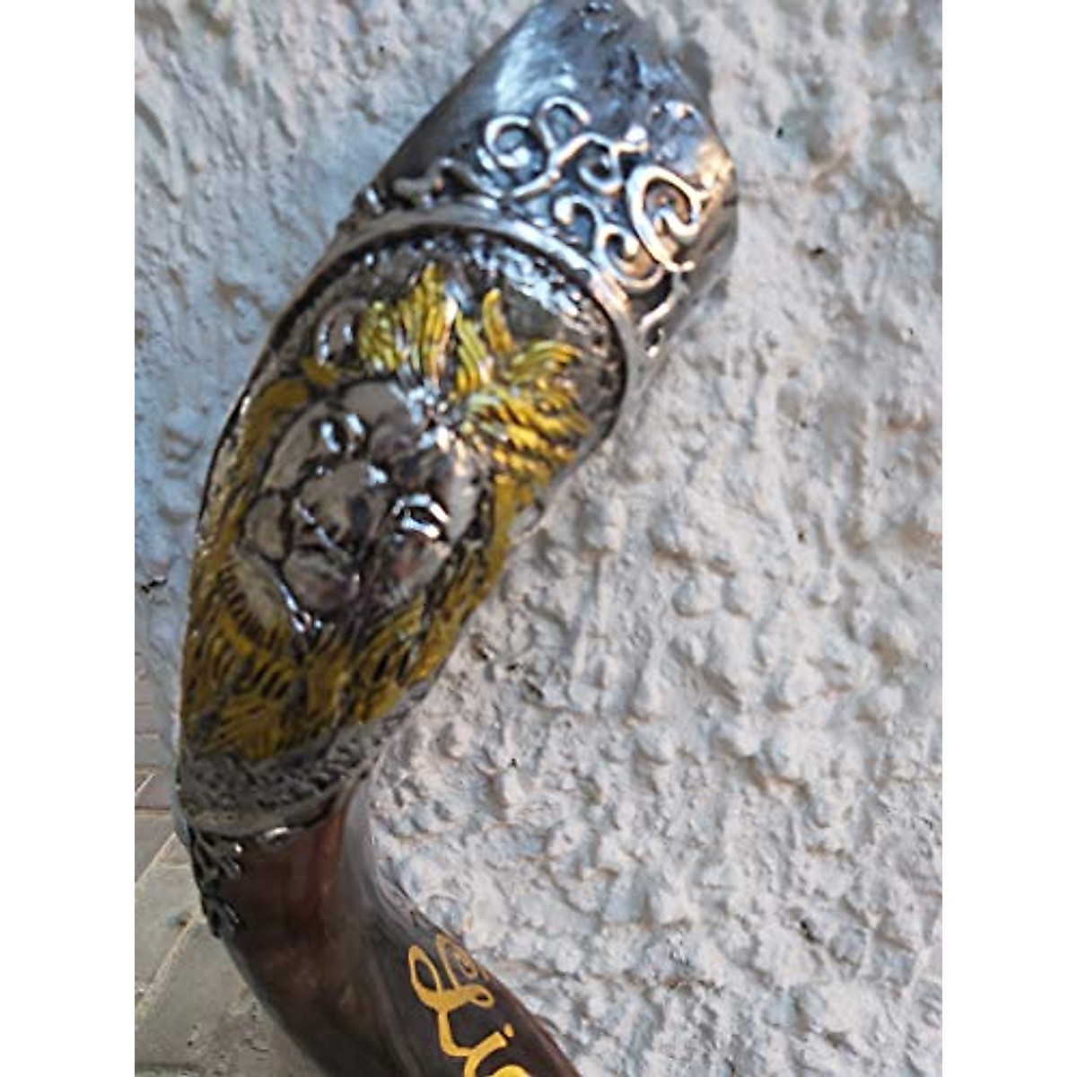 Shofar Yemenite Kudu Horn 38''+ with Sterling Silver Plated + 3D Decorated of - Lion of judah - Authentic Curved Made In Israel