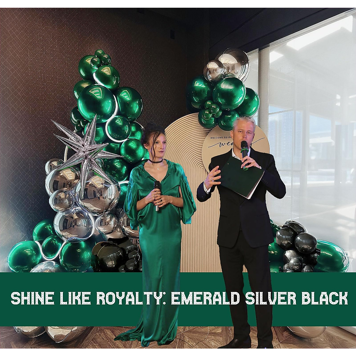 Emerald Green Silver Balloon Garland Arch Kit Double Stuffed Dark Green Black Balloons With Silver Star Balloons for Luxury Birthday Party Christmas grad decorations 2025 Decorations