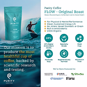 Purity Coffee FLOW Medium Roast Organic Coffee - USDA Certified Organic Specialty Grade Arabica Whole Bean Coffee - 12 oz Bag