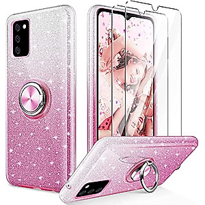 KSWOUS for Galaxy A03S Phone Case with Screen Protector [2 Pack], Glitter Sparkly Bling Pink Protective Cover with Kickstand for Women Girls Slim Shockproof Case for Samsung A03S Case (Pink)