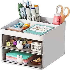 Marbrasse Small Desk Organizer with Drawer, Multi-Functional Pen Pencil Holder Storage Box for Desk, Desk Organizers and Accessories with 3 Compartments + 2 Drawer for Office Art Supplies(White)