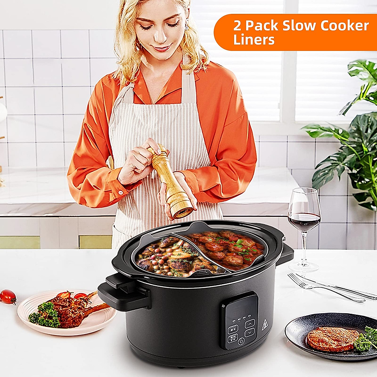 Essbhach Slow Cooker Divider Liners Fit 6 QT, Silicone Slow Cooker Liners, Reusable & Dishwasher Safe & Leakproof Slow Cooker Liner Inserts 2 Pack (Grey)