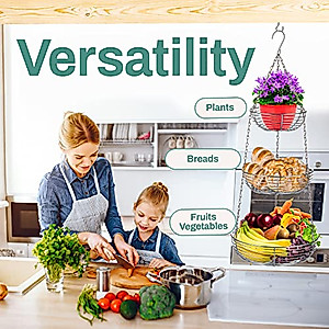 Heavy Duty 3-Tier Hanging Fruit and Vegetable Basket with 2 Metal Ceiling Hooks, Chrome