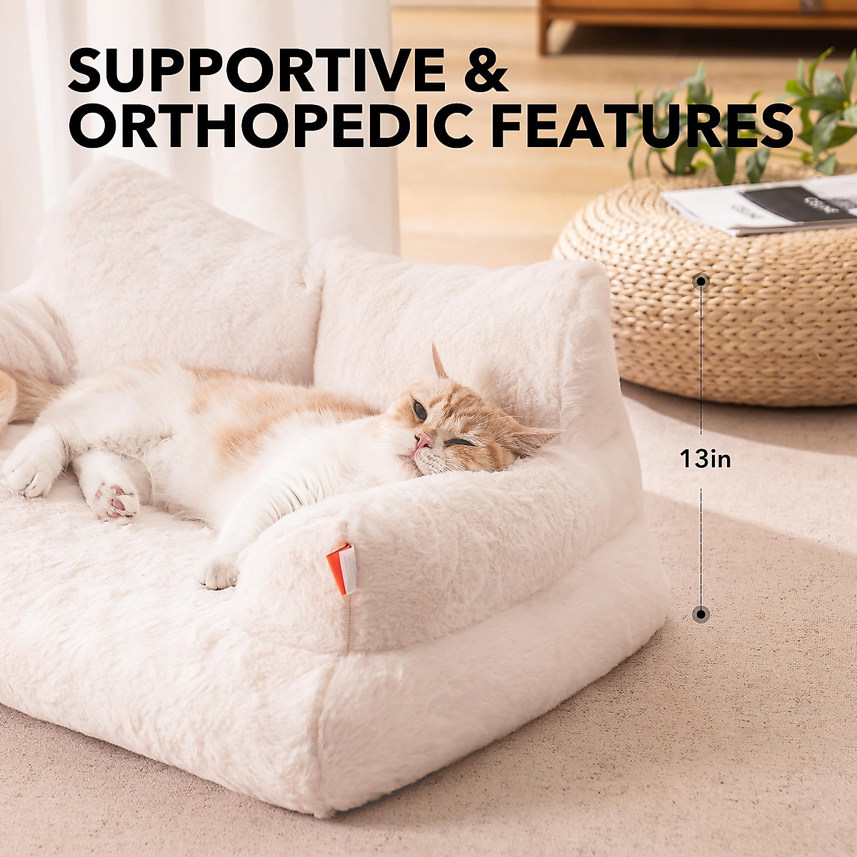 Pet Bed for Medium Small Cats and Dogs, Washable Puppy Sleeping Bed Cat Couch Pet Sofa Bed, Soft Calming Cat Sofa Beds for Indoor Cats Anti-Slip Bottom (White)