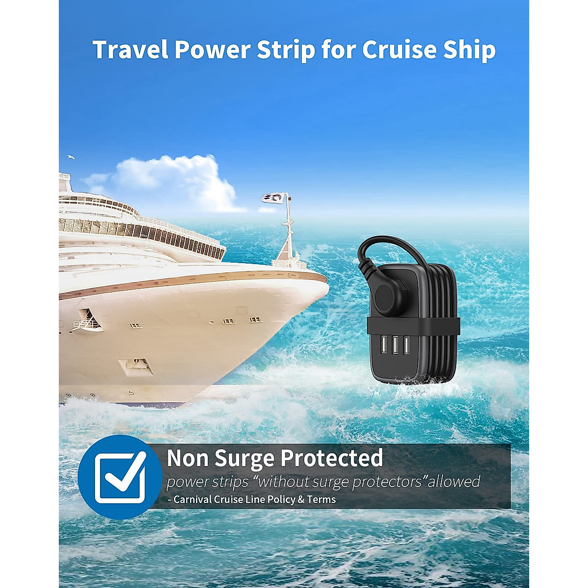 NTONPOWER Travel Power Strip with USB Ports, Portable Small Power Strip with 3FT Wrapped Flat Plug Extension Cord, 2 Outlets 3 USB Ports, Non Surge Protector for Cruise Ship Hotel Black
