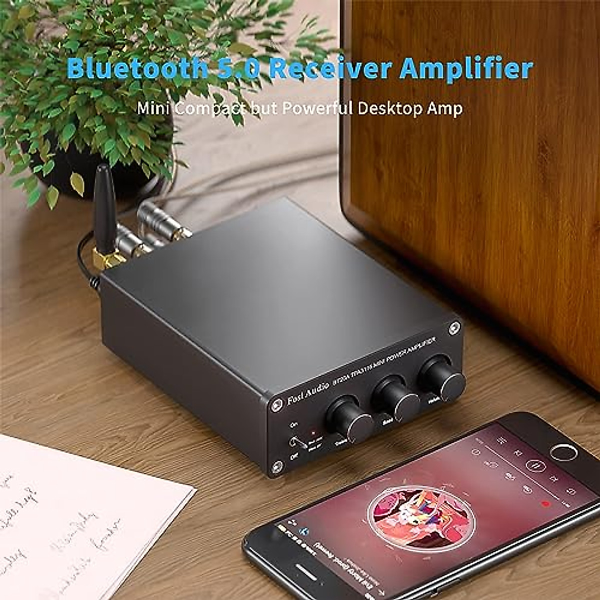 Fosi Audio BT20A Bluetooth 5.0 Stereo Audio 2 Channel Amplifier Receiver Mini Hi-Fi Class D Integrated Amp 2.0 CH for Home Speakers 100W x 2 with Bass and Treble Control TPA3116 (with Power Supply)